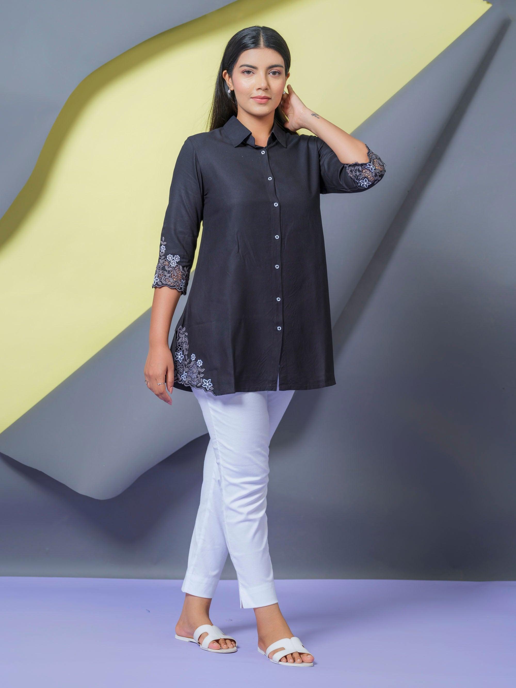 Solid Colored Top With Cutwork Embroidery in Front and Sleeves ...